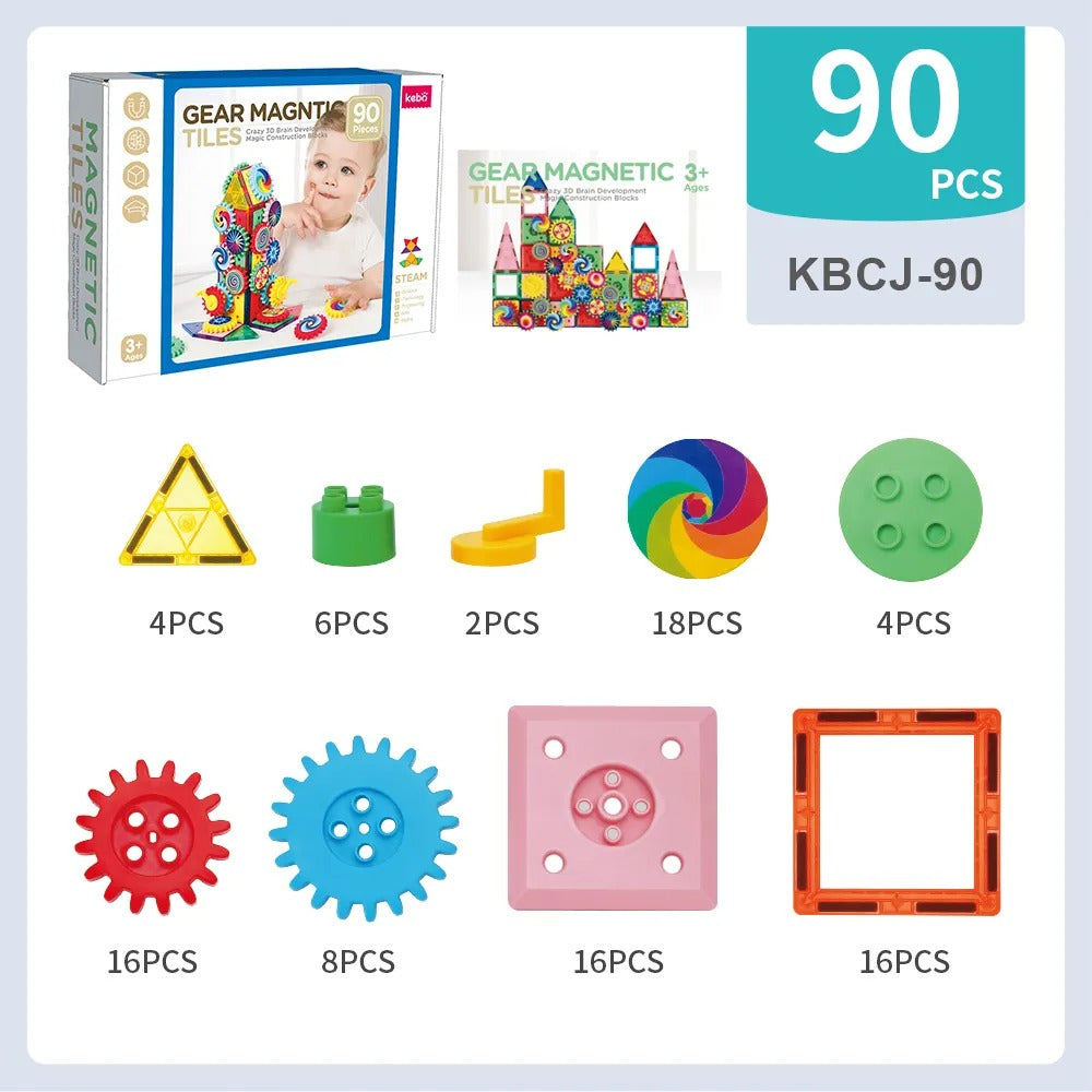 90 Pieces Magnetic Tiles with Gear Set – Magnefun
